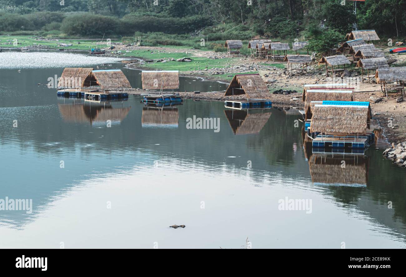Raft Houses bamboo bungalow floating on Lake in Khao Luang National ...