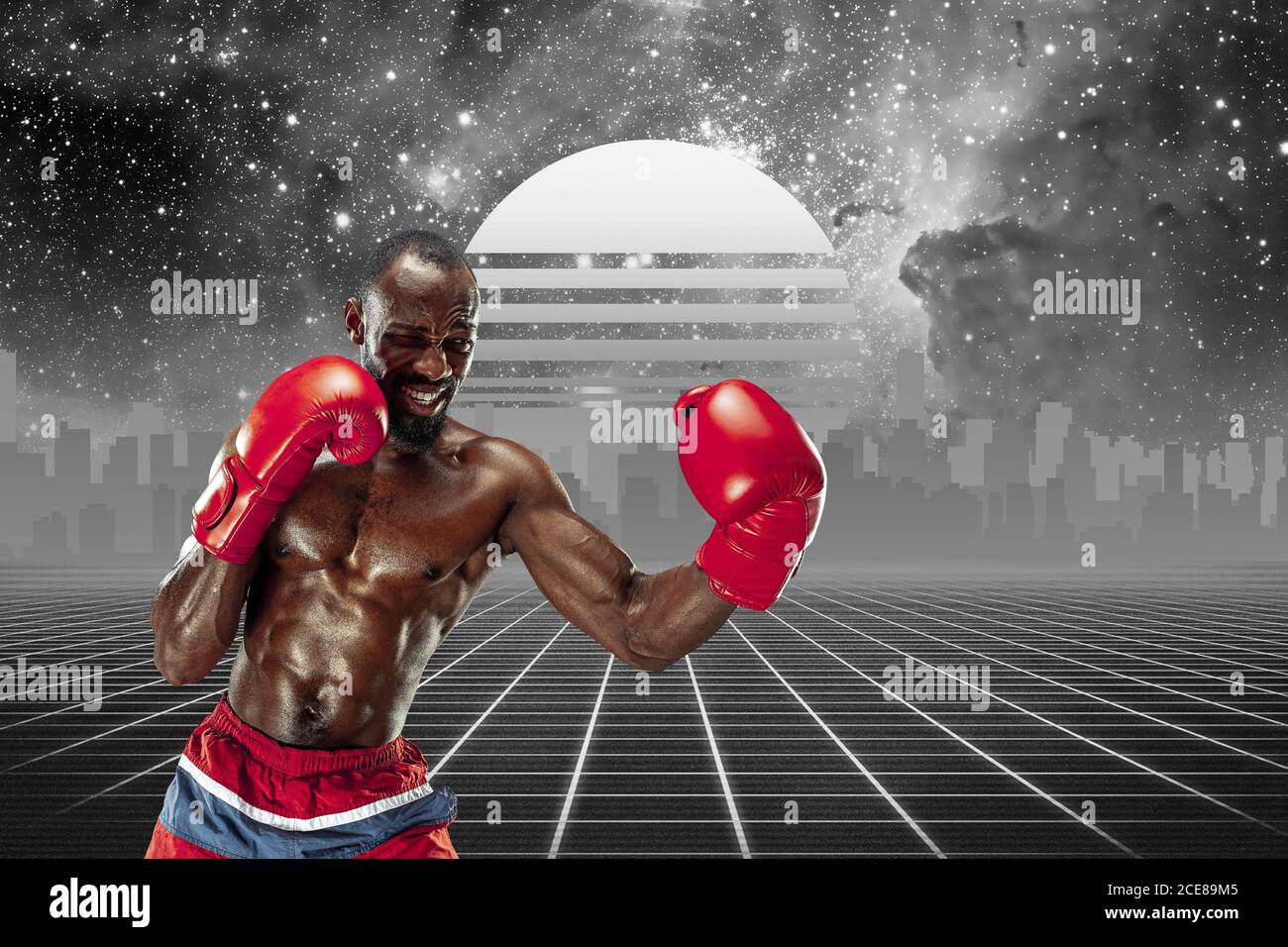 Boxing man. Beautiful background, synth wave and retro wave, vaporwave ...