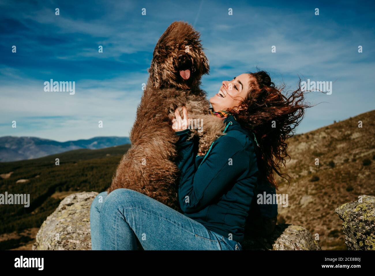 Side view of cheerful female owner laughing and playing with cute ...
