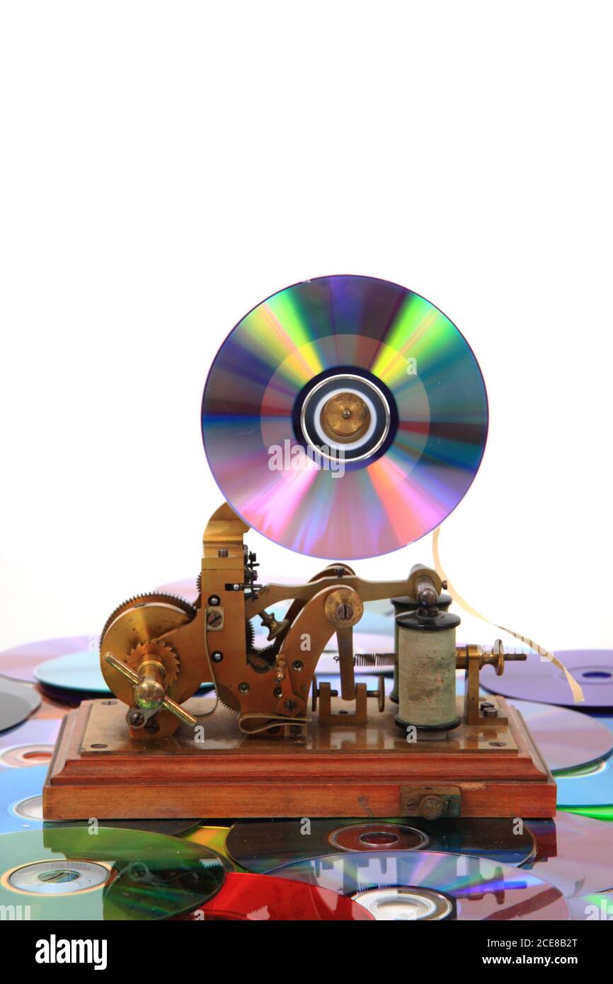 old telegraph with CD or DVDisolated on the white background Stock ...