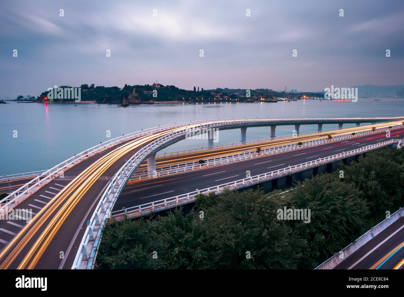 From above of modern elevated highway intersection with marking lines ...