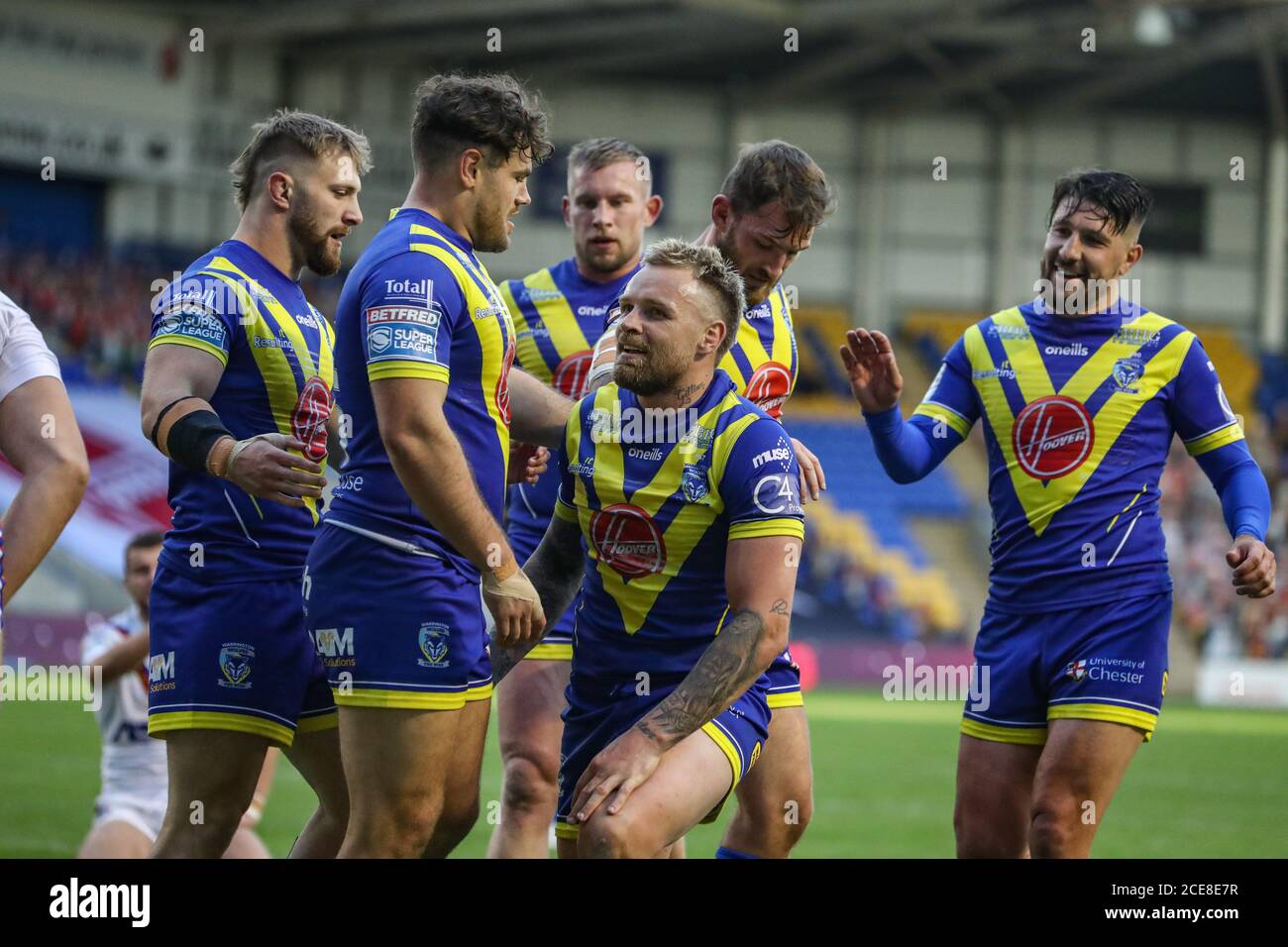 Blake Austin (6) of Warrington Wolves celebrates his try Stock Photo ...