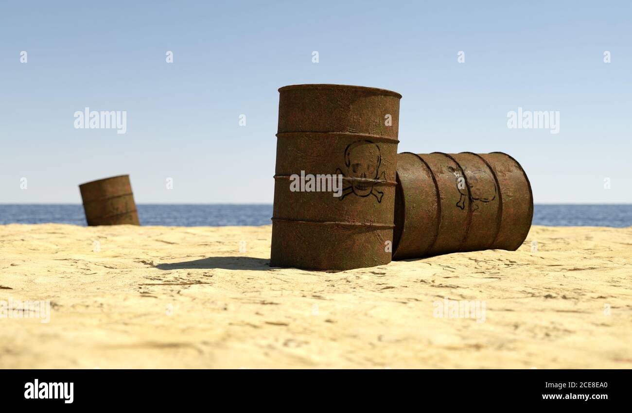 Barrels of toxic spills on a beach Stock Photo - Alamy