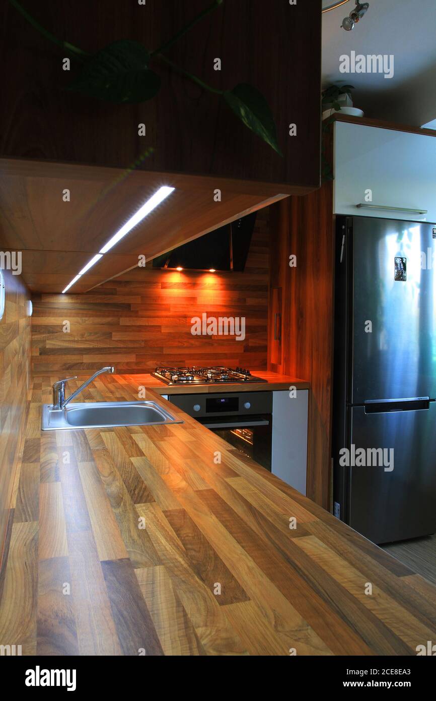 modern kitchen interior (white color and wooden texture Stock Photo - Alamy