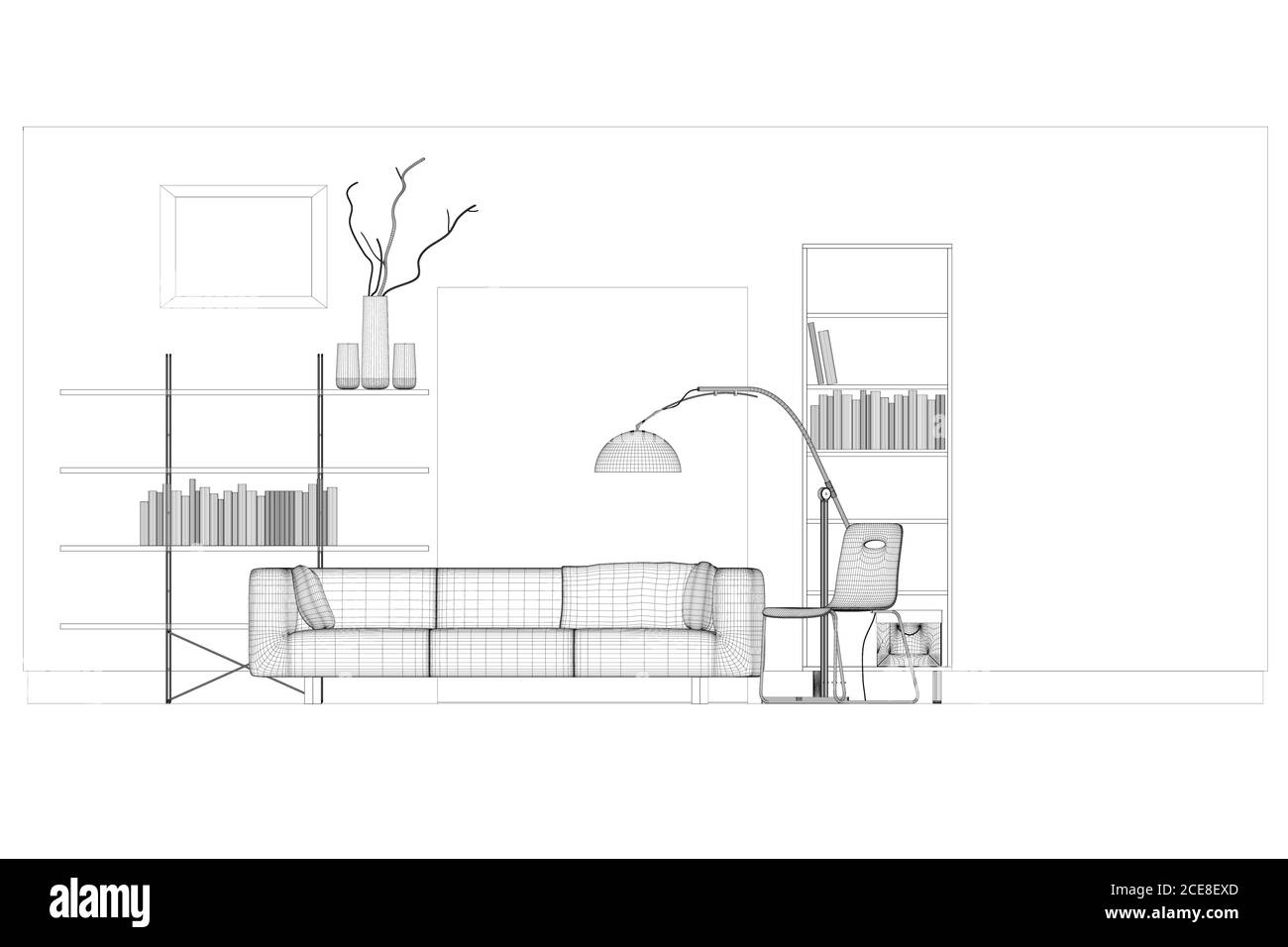 Living room interior wireframe. Front view. 3D. Vector illustration ...