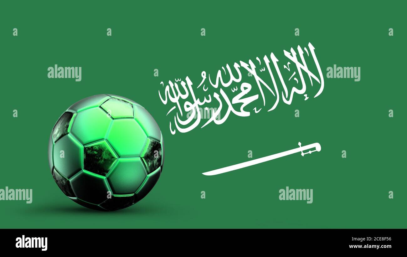 Flag of Saudi Arabia with metal soccer ball, national soccer flag ...