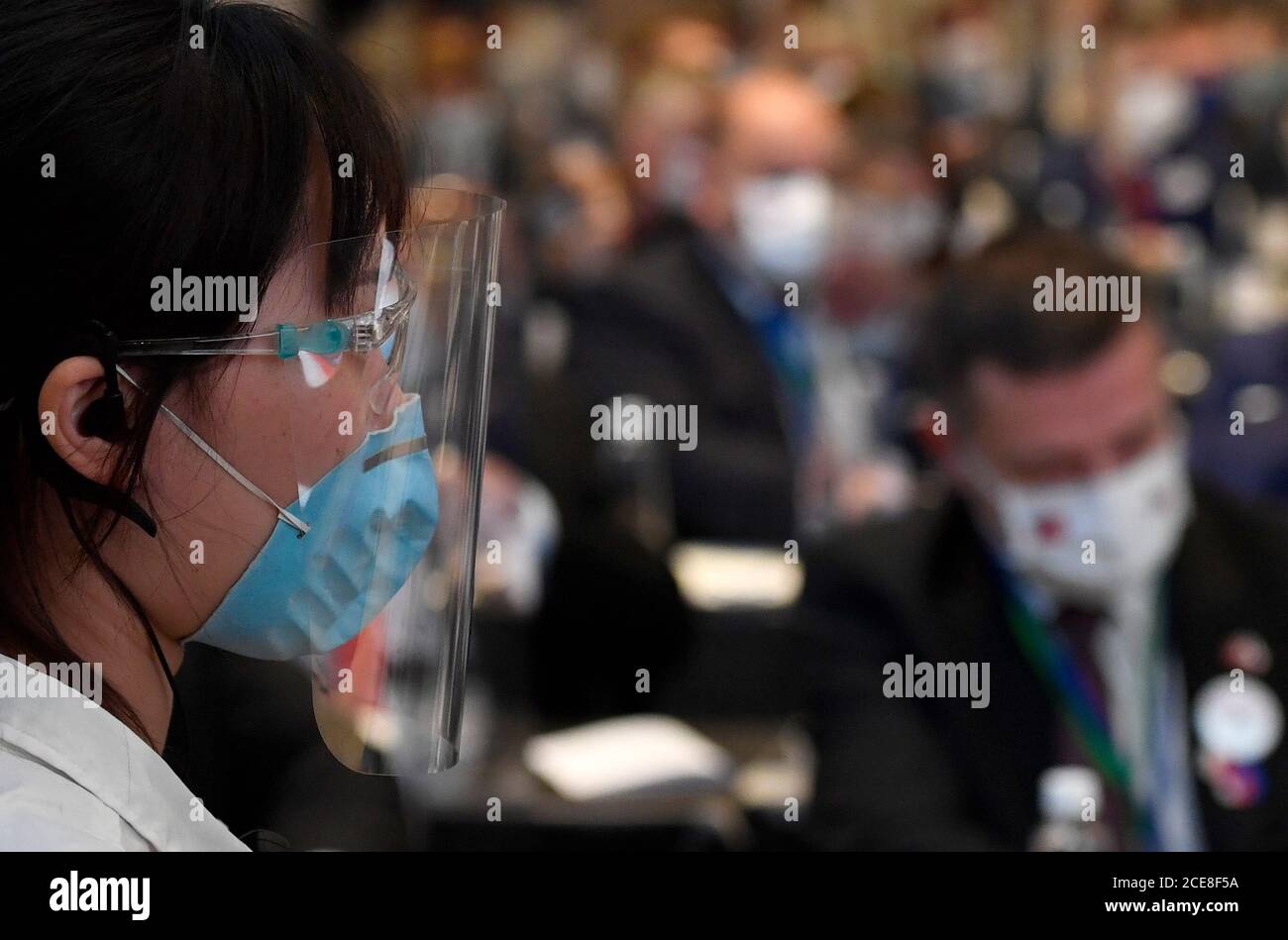 Taipei, Taiwan. 31st Aug, 2020. Hostess, wearing face mask and shield ...