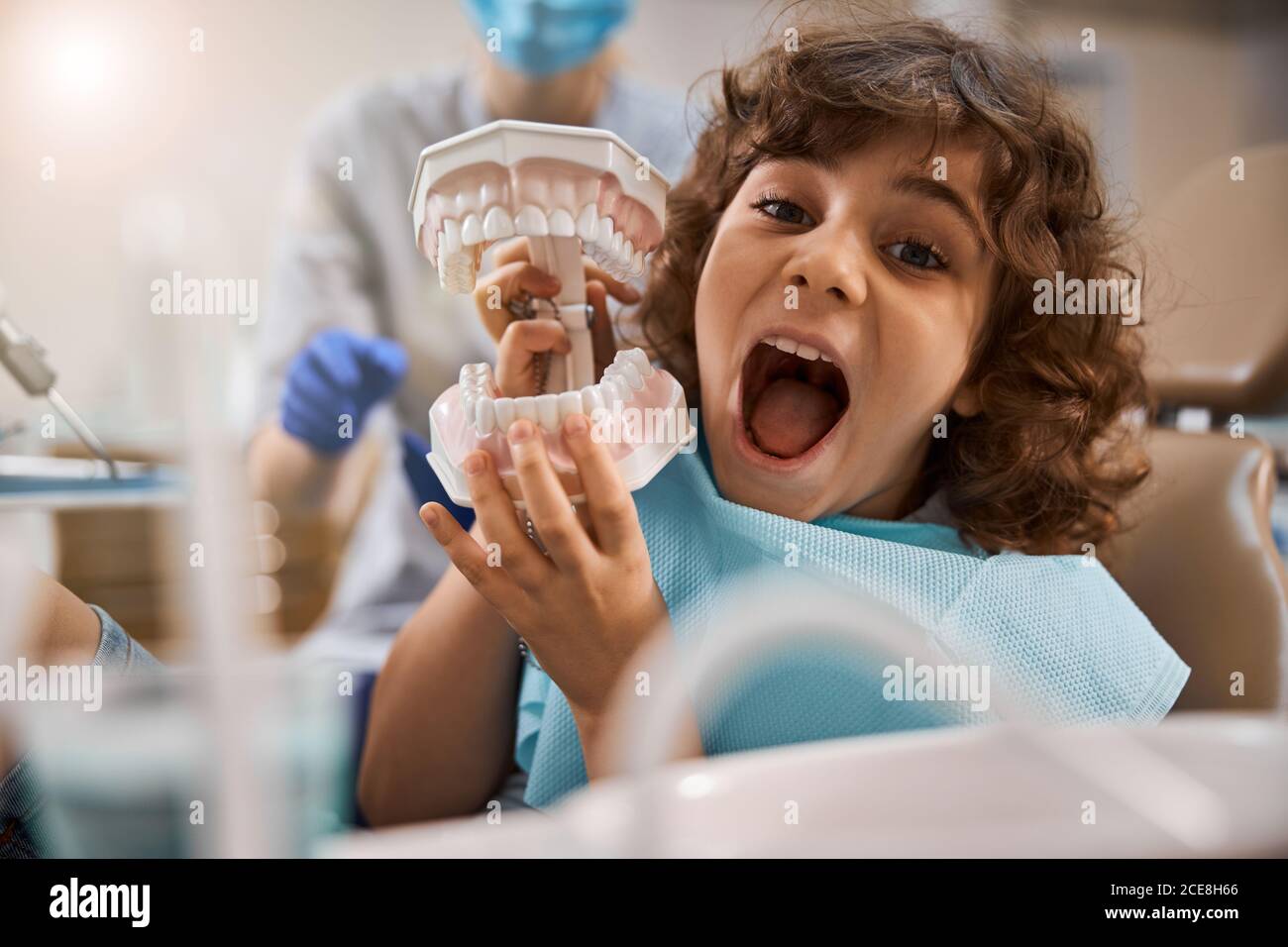 Fun kid holding a clay model of human teeth Stock Photo - Alamy