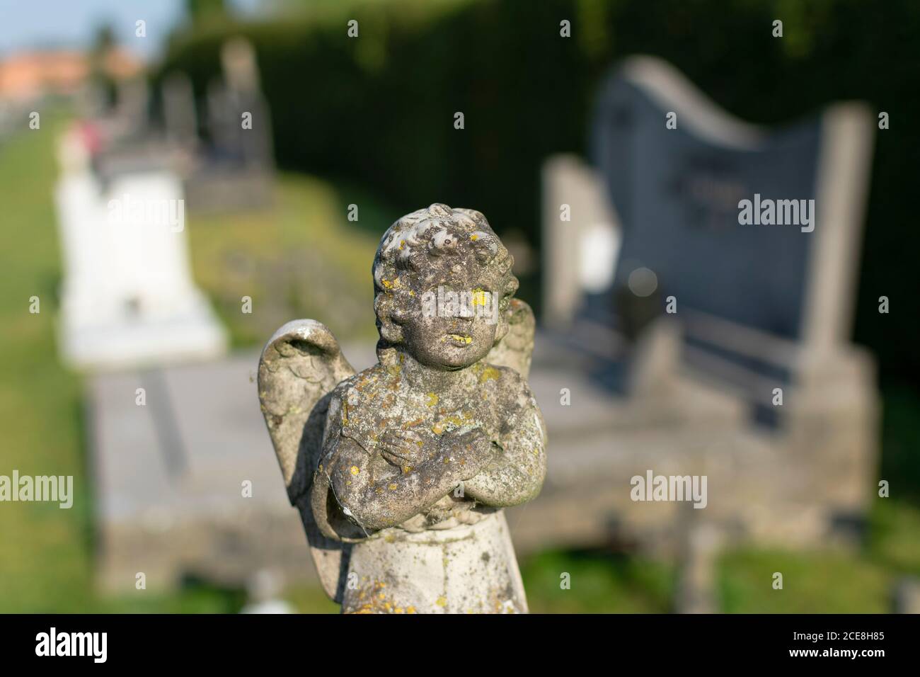 Weathered concrete statue of an angel in a children's cemetery Stock ...