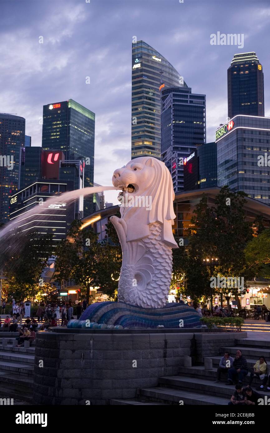 Singapore, the Merlion, statue representing a mythical creature with a ...