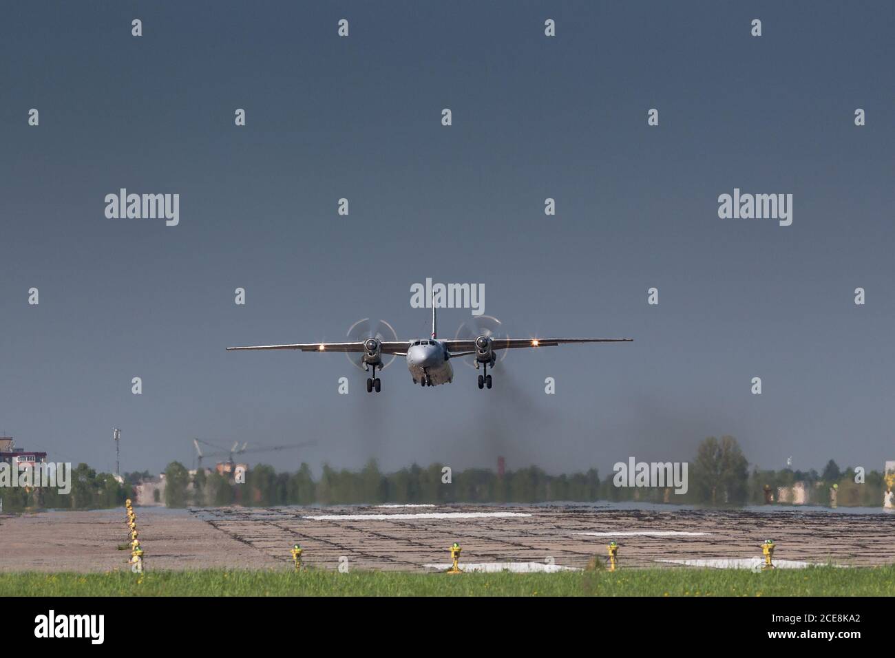 Soviet civil propeller airliner. Russian turboprop old aircraft taking ...
