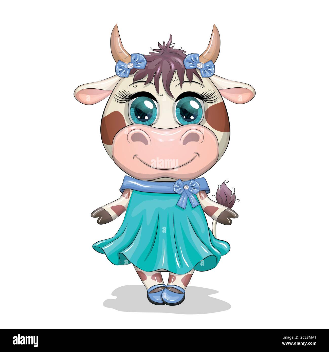 Cute cartoon cow girl with beautiful eyes in a turquoise dress. Funny ...