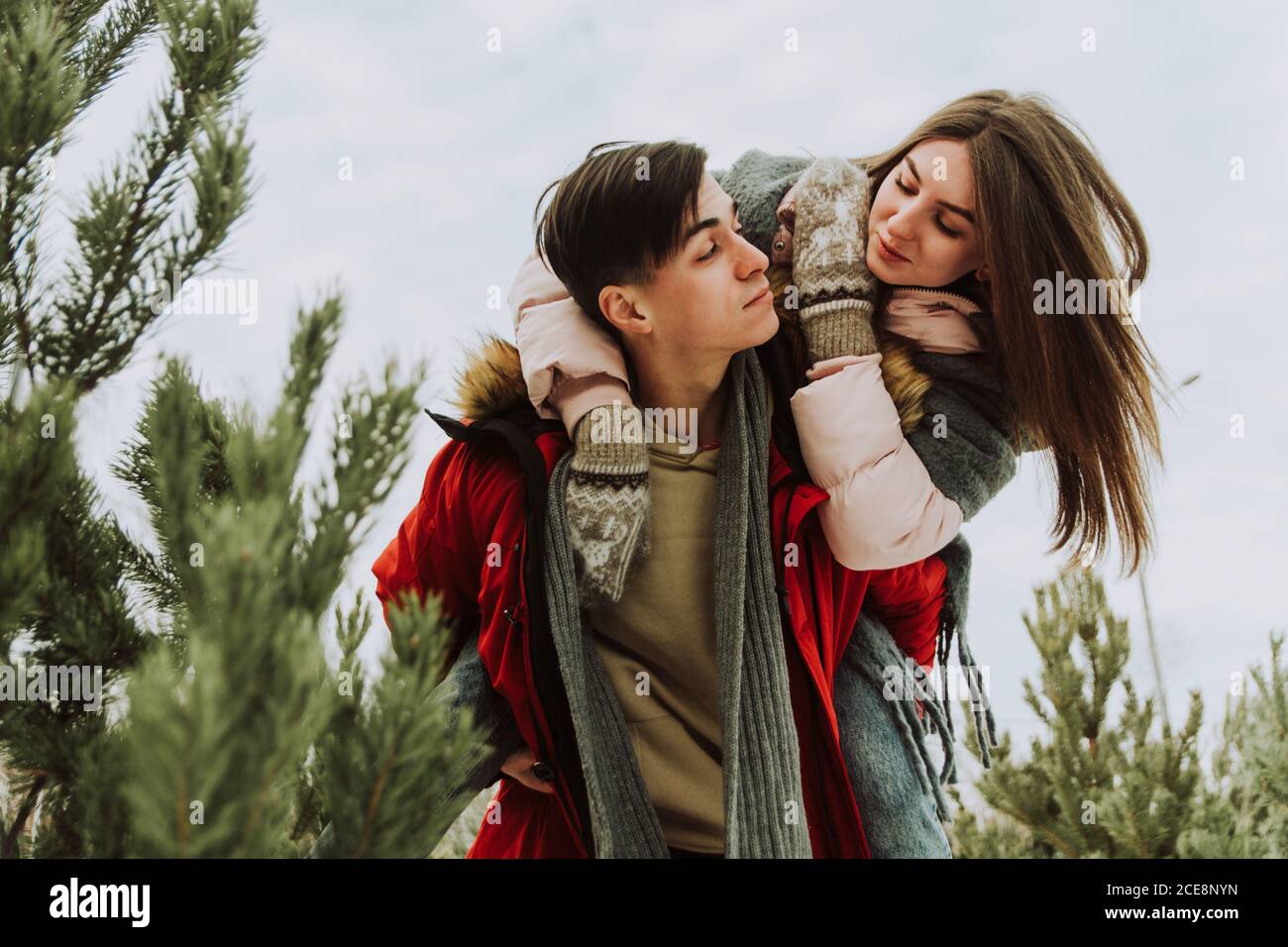 A beautiful young couple came to choose a tree. Newlyweds in love fool ...