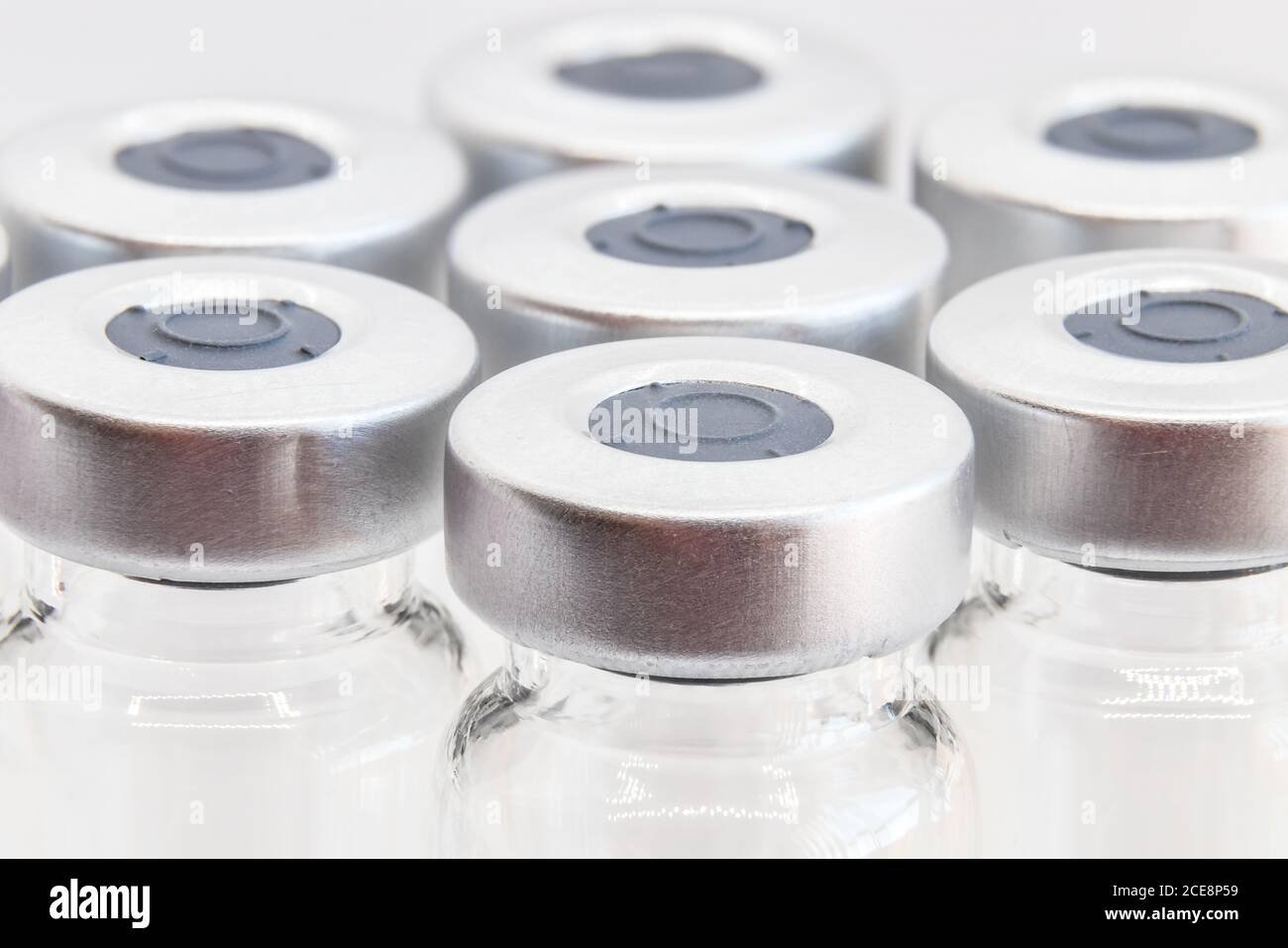Macro photography of glass vials for liquid samples and vaccines. focus ...