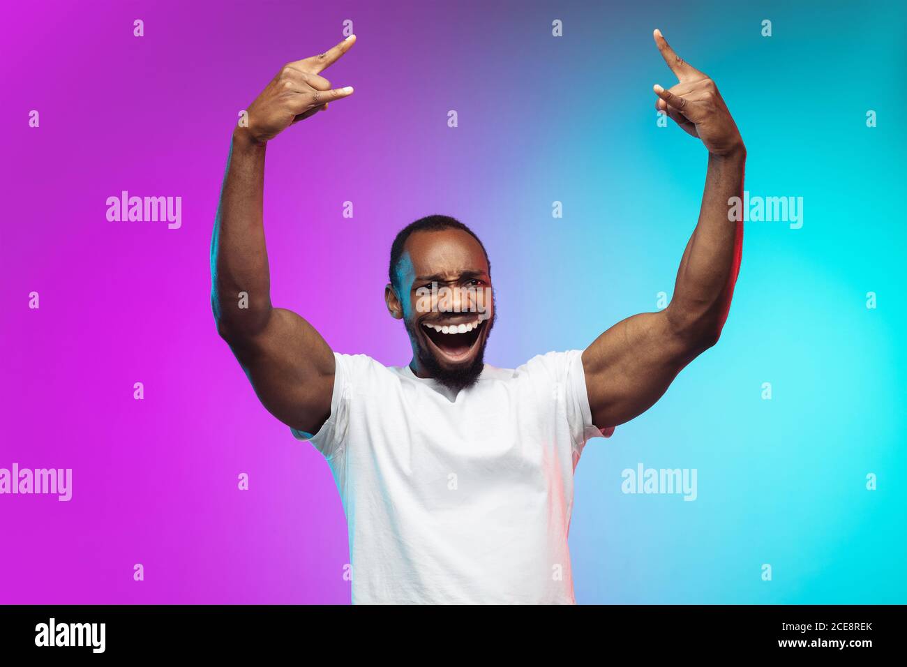 Rockstar. Smiling man with surreal huge smile and big mouth looks ...