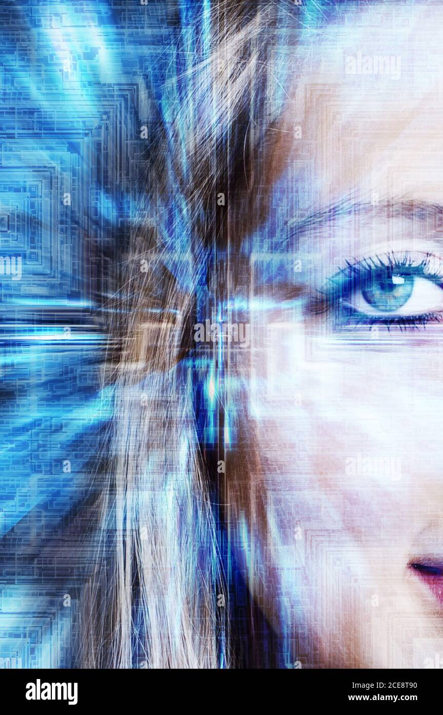 blond young woman and technology background Stock Photo - Alamy