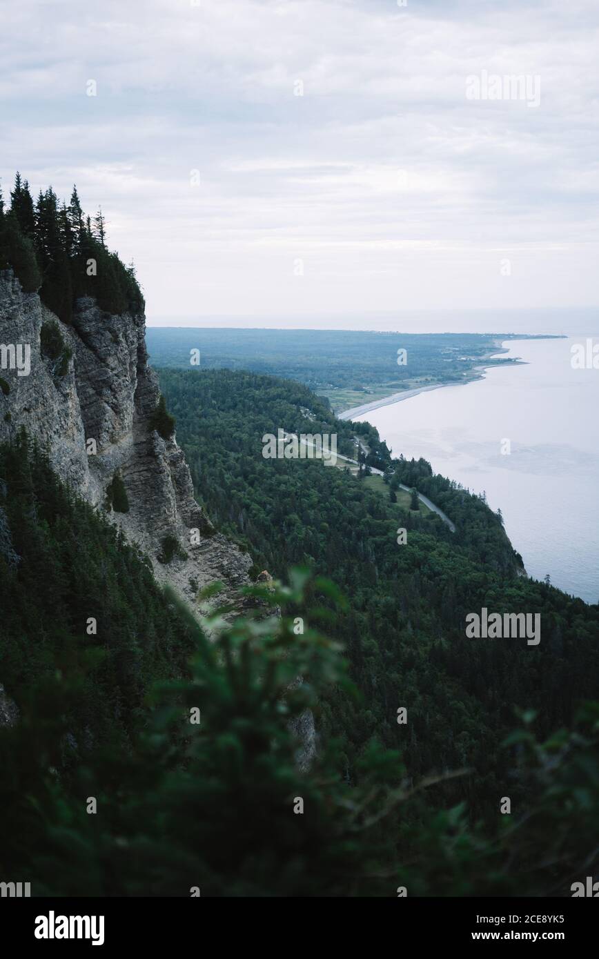 From above of rough cliffs covered with evergreen forest in endless ...