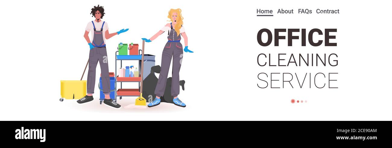 professional office cleaners mix race man woman janitors in uniform ...