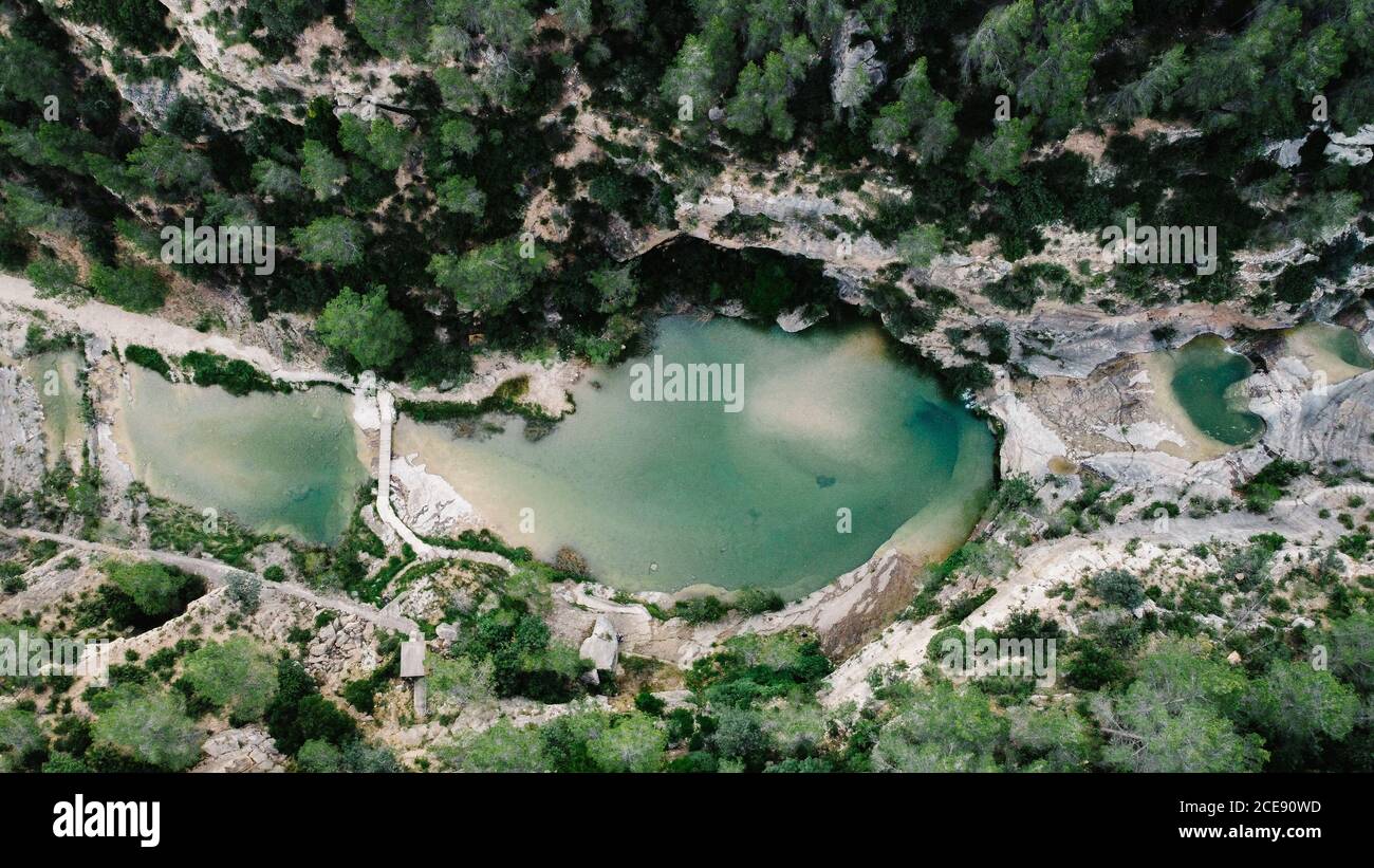 Amazing drone view of scenic landscape of pond with turquoise water ...
