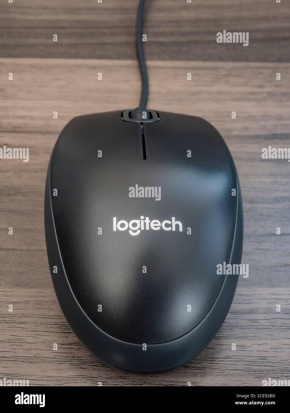 Closeup of a basic Logitech computer mouse (input device), with scroll ...