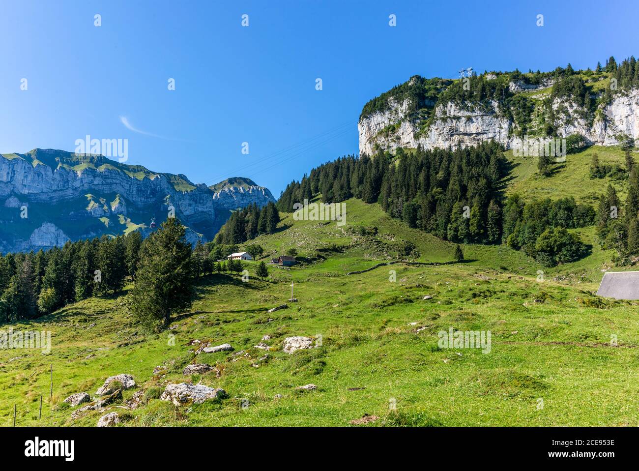 The majestic landscape of the steep Alpstein mountain range around the ...
