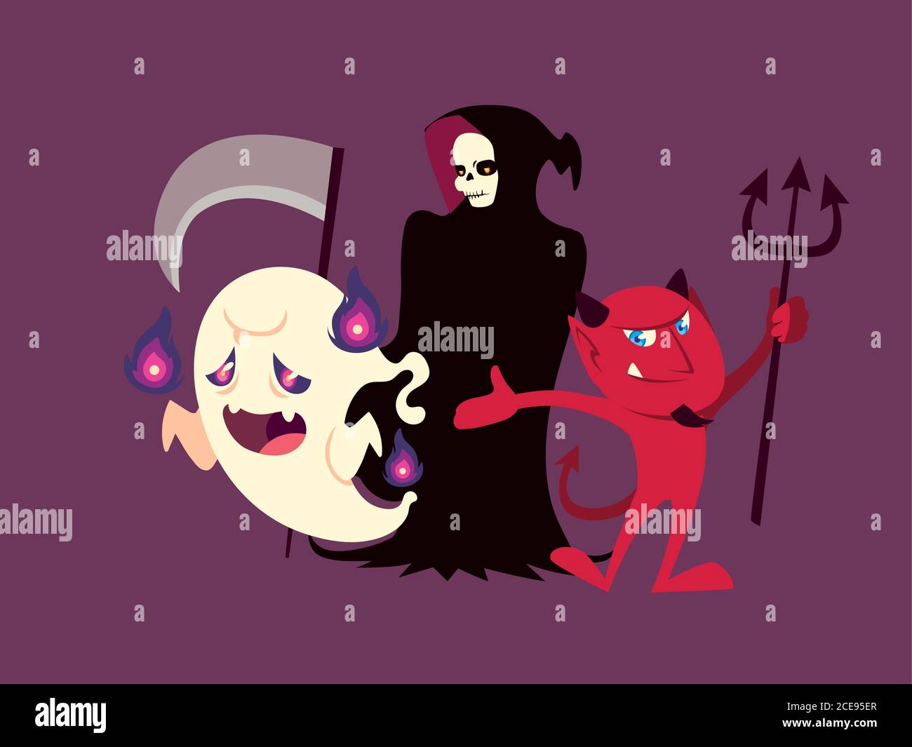 set of characters halloween ghost, death and devil vector illustration ...