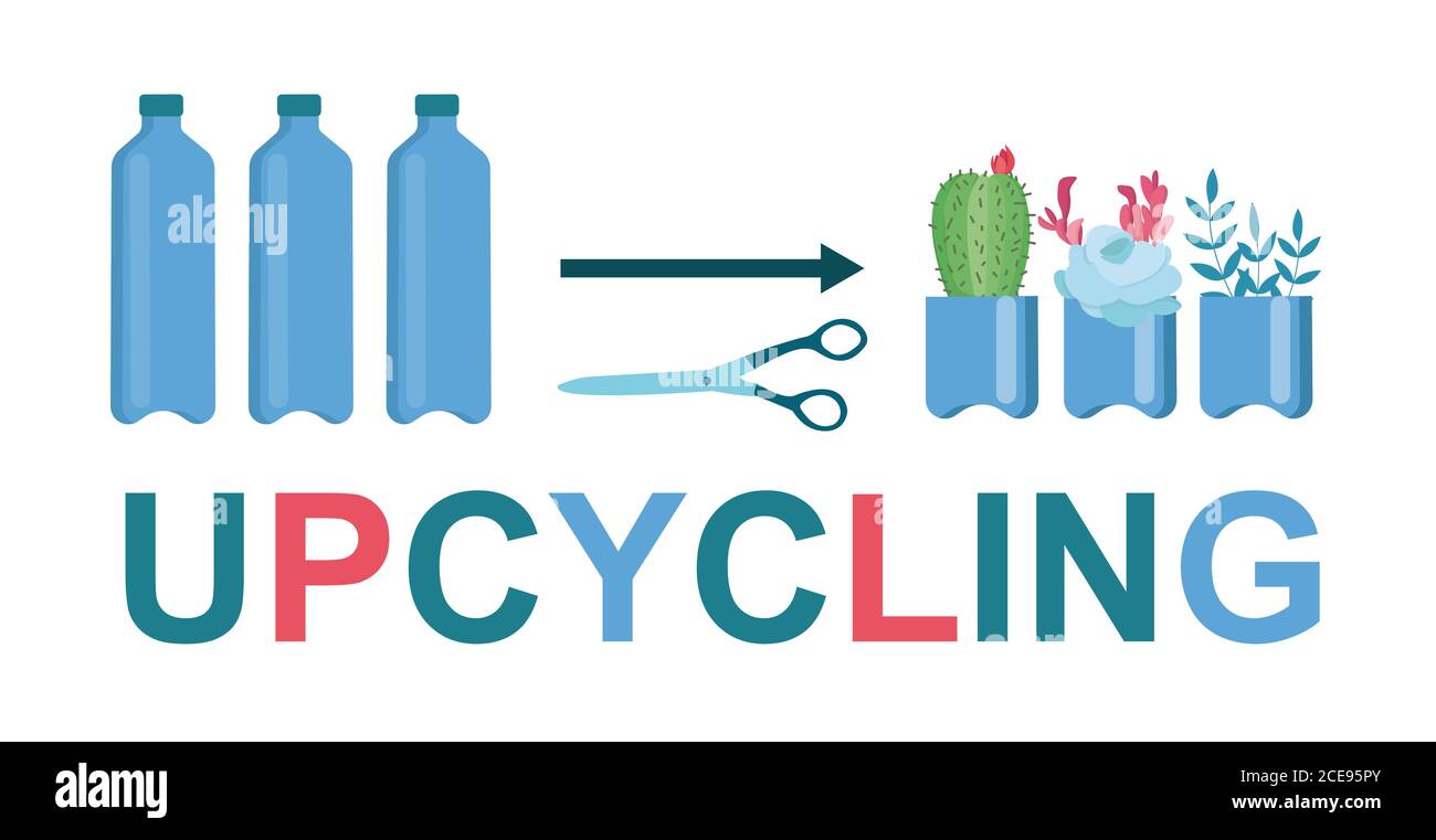 Word UPCYCLING and plastic bottles turning into pots for houseplants ...