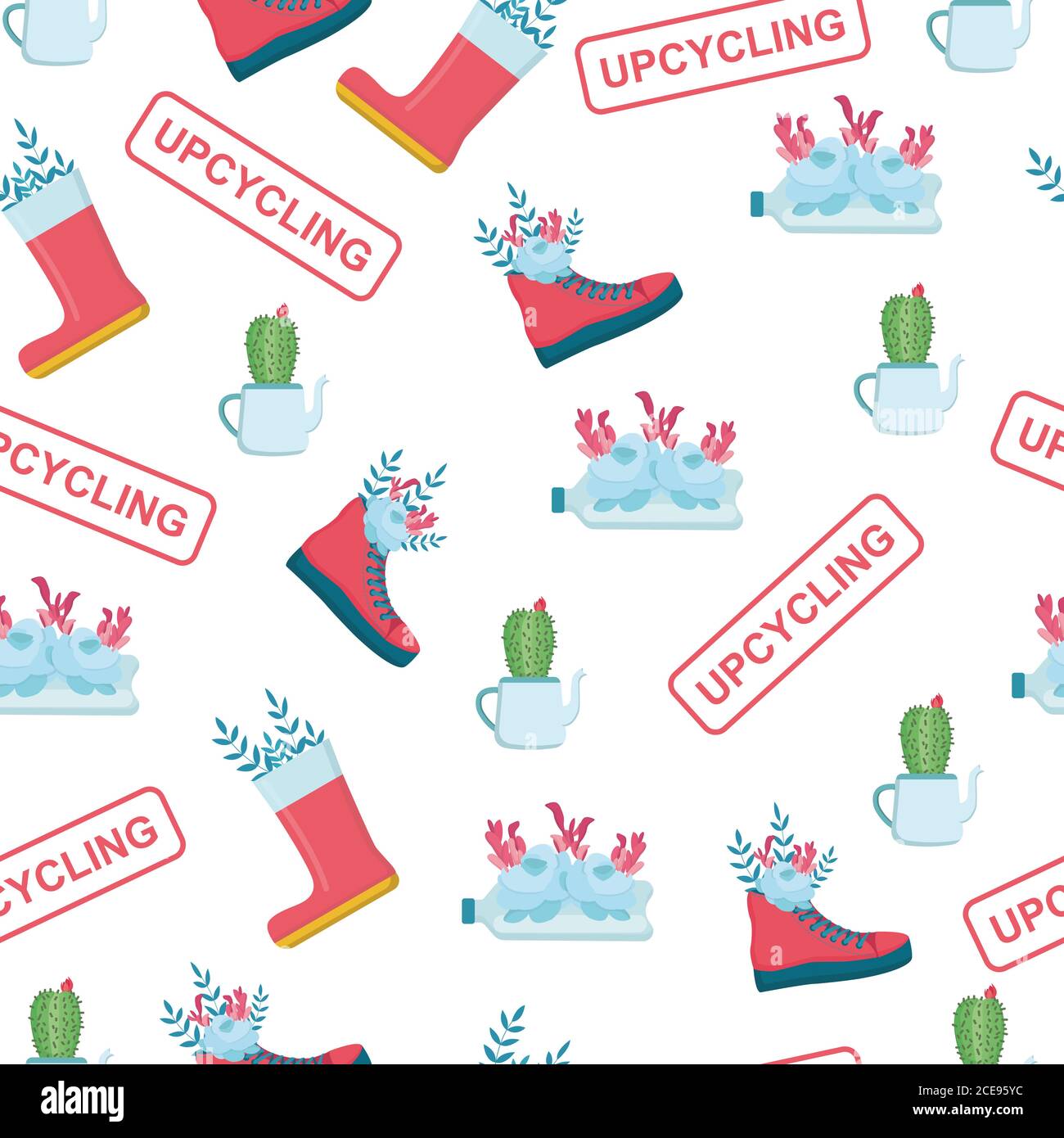Upcycling. Vector seamless pattern with plastic bottles, shoes and ...