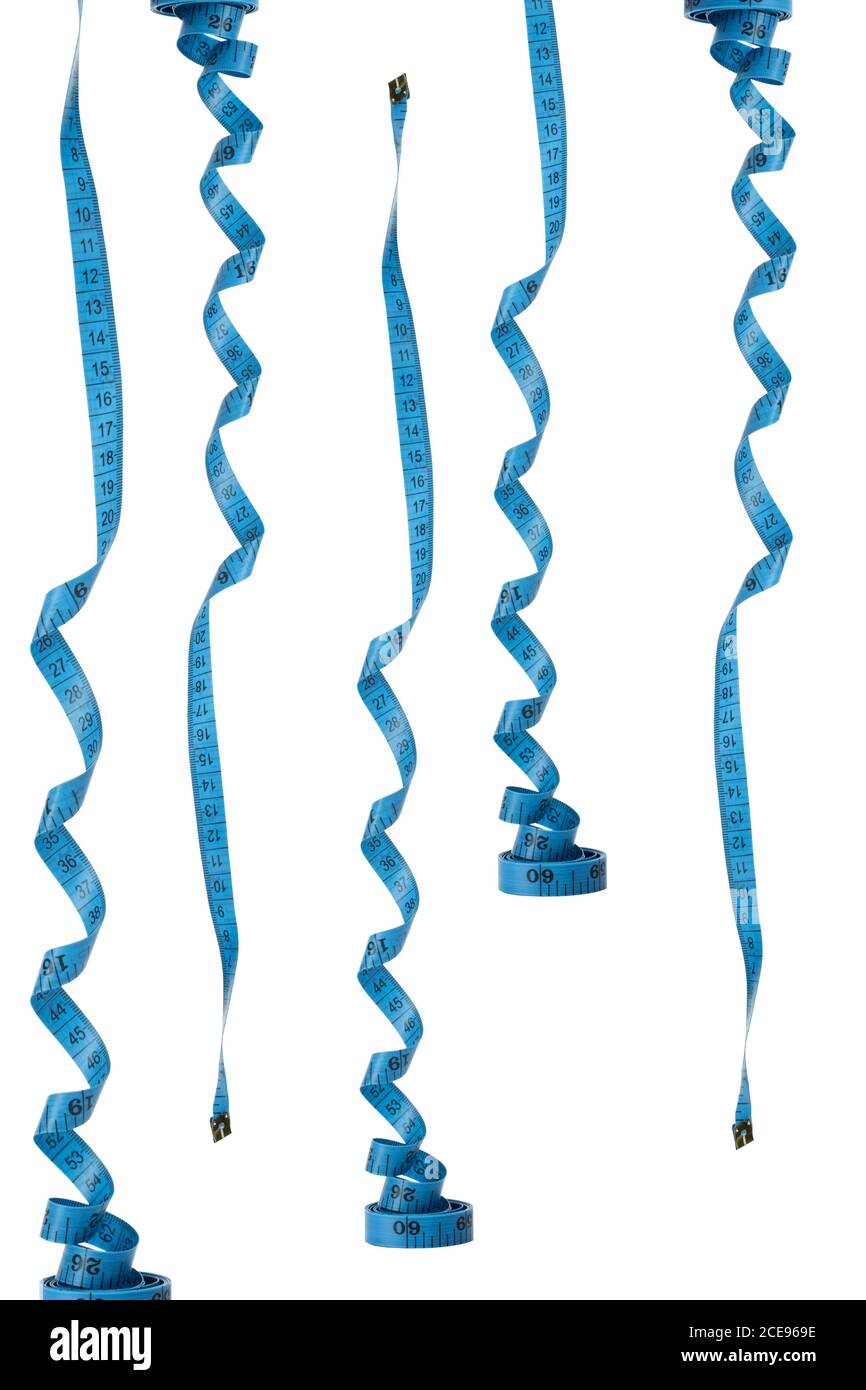 Vertical shot of strips of blue measuring tape on a white background ...