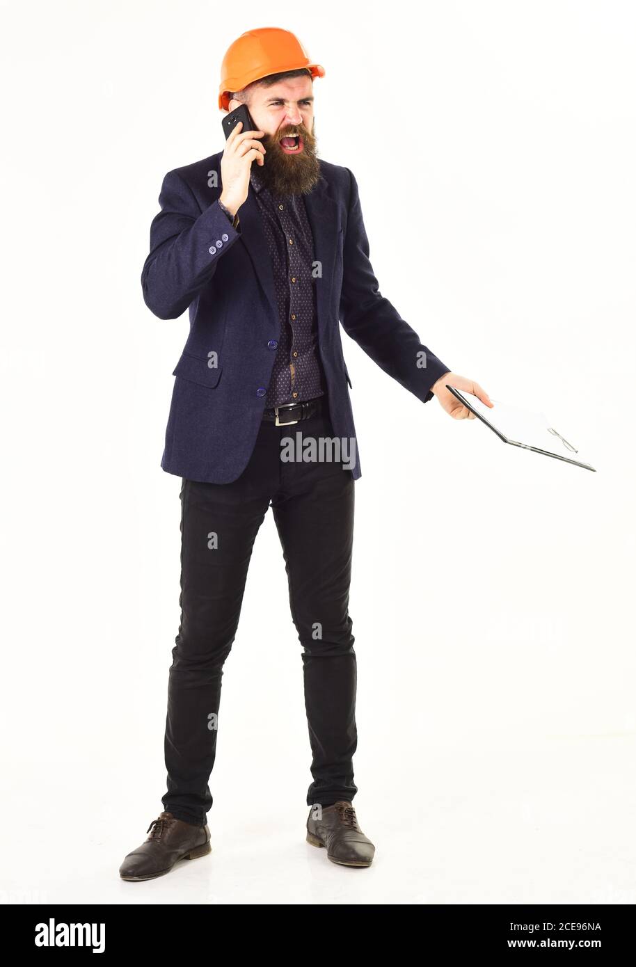 Shouting boss concept. Angry inspector holding business plan and ...