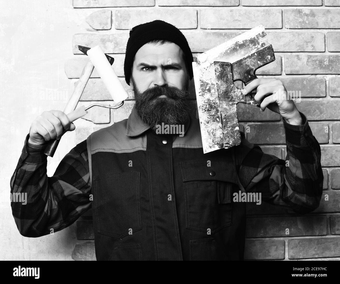 bearded painter man, long beard, brutal caucasian hipster with ...