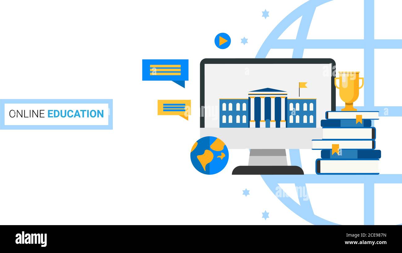 Web Education Illustration With Computer, Books And University, White ...