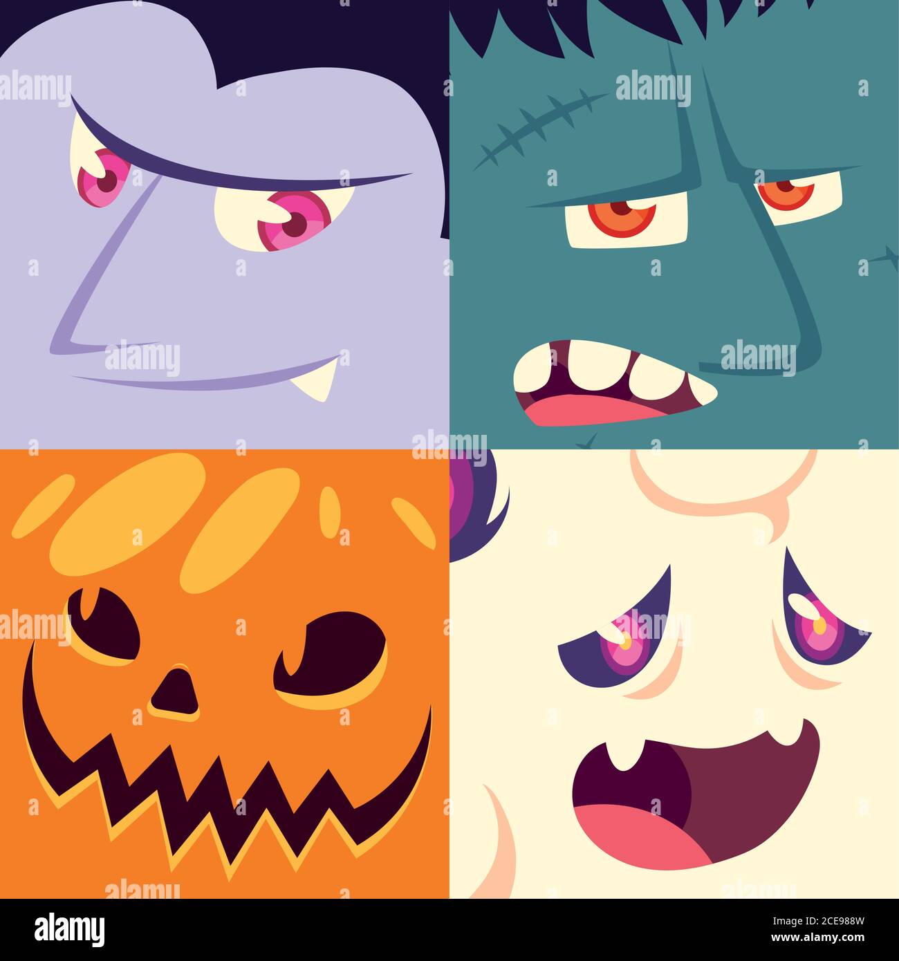set of icons halloween with heads vampire, frankenstein, werewolf ...