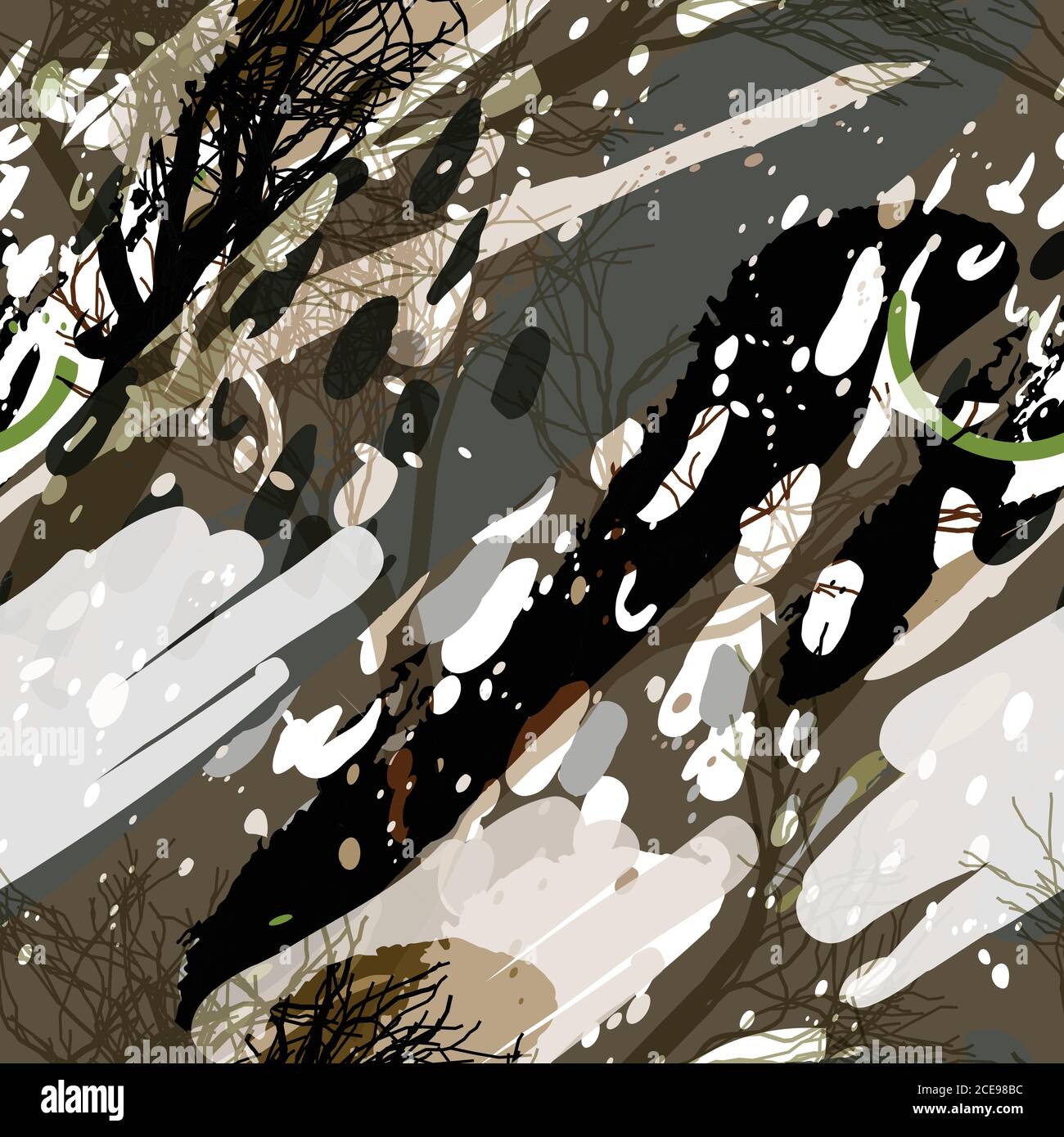 Military camouflage texture with trees, branches, grass and watercolor ...