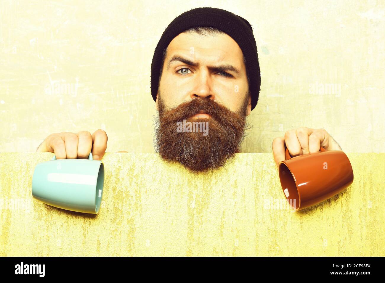 Bearded man, long beard. Brutal caucasian serious unshaven hipster in ...
