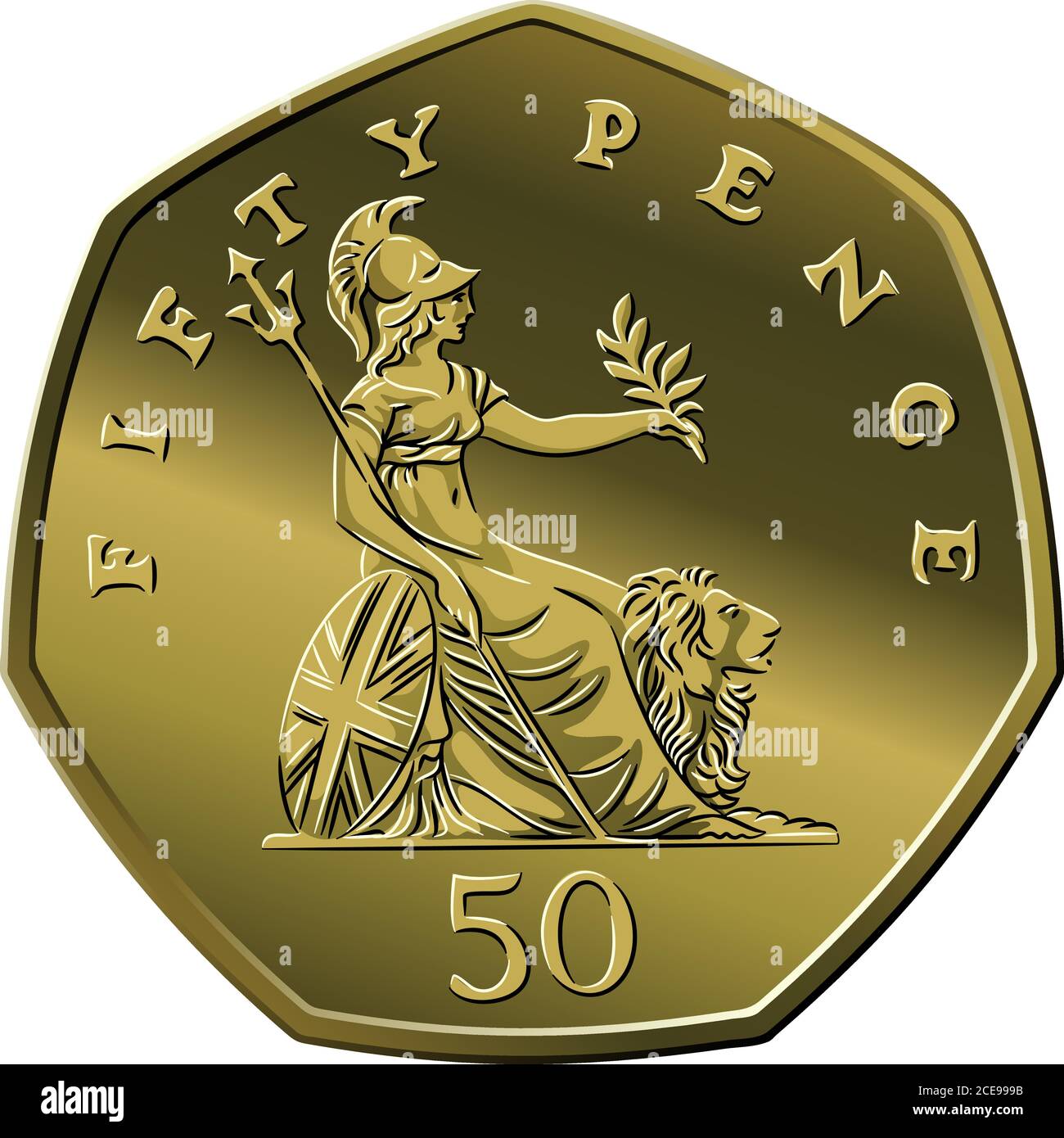 Vector British money gold coin fifty pee or pence, reverse with seated ...