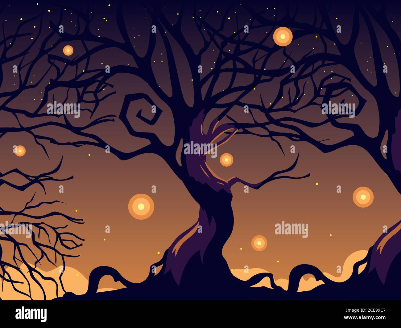 halloween dark night background with scary tree vector illustration ...