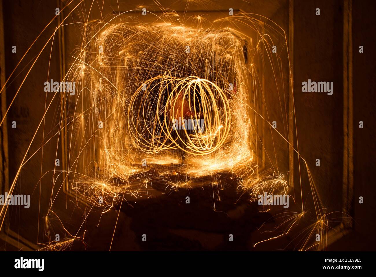 Amazing steel wool fire circles at night with glowing sparks Stock ...