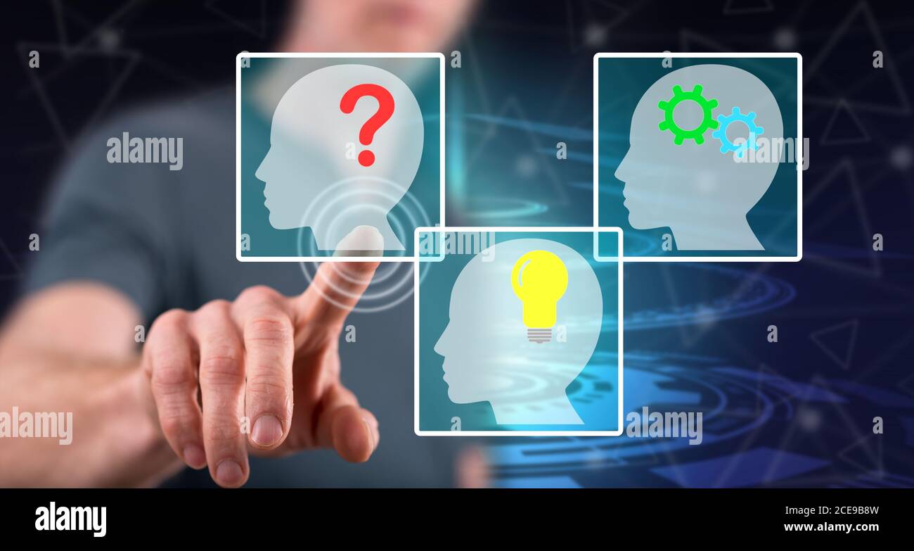 Man touching an innovation concept on a touch screen with his finger ...