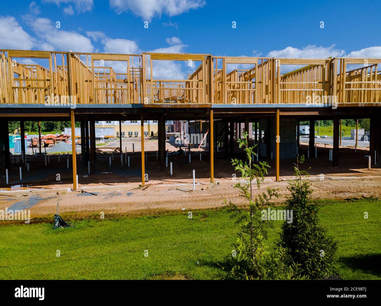 New house beam construction framing wooden house tiled roof Stock Photo ...