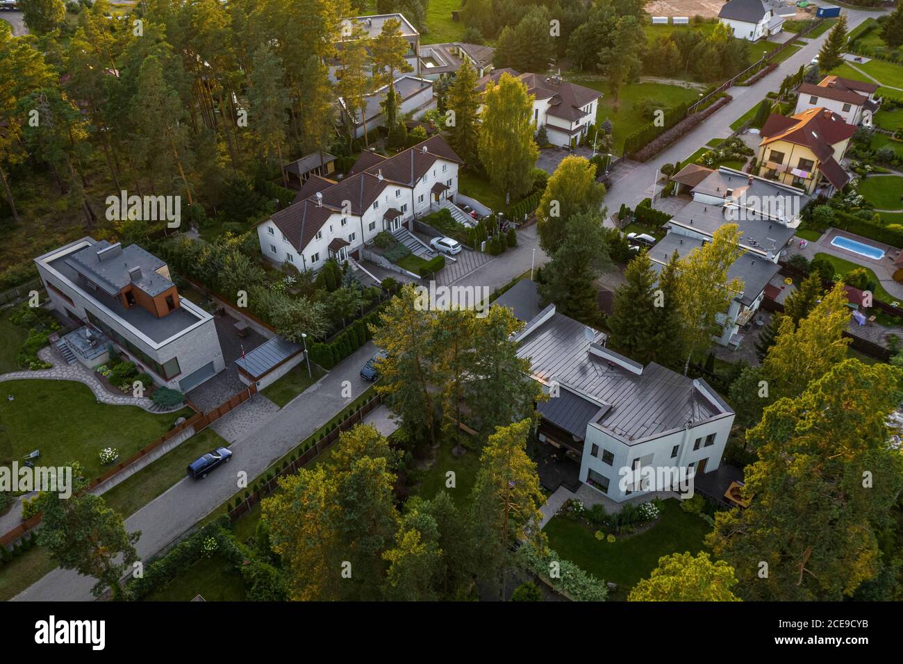 View from above of cottage village. Luxury exterior of private houses ...