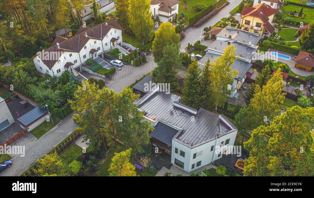 View from above of cottage village. Luxury exterior of private houses ...