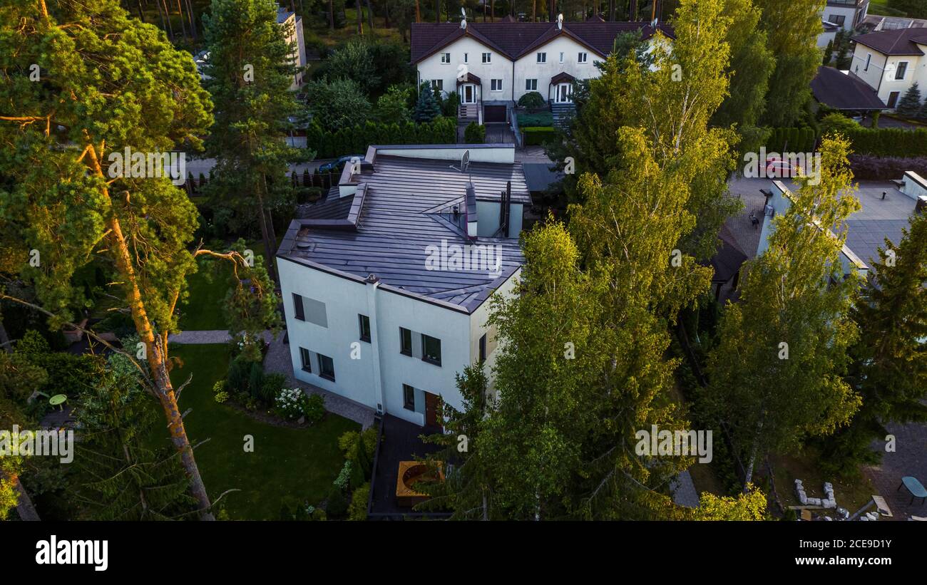 View from above of luxury private house. Modern exterior of cottage ...