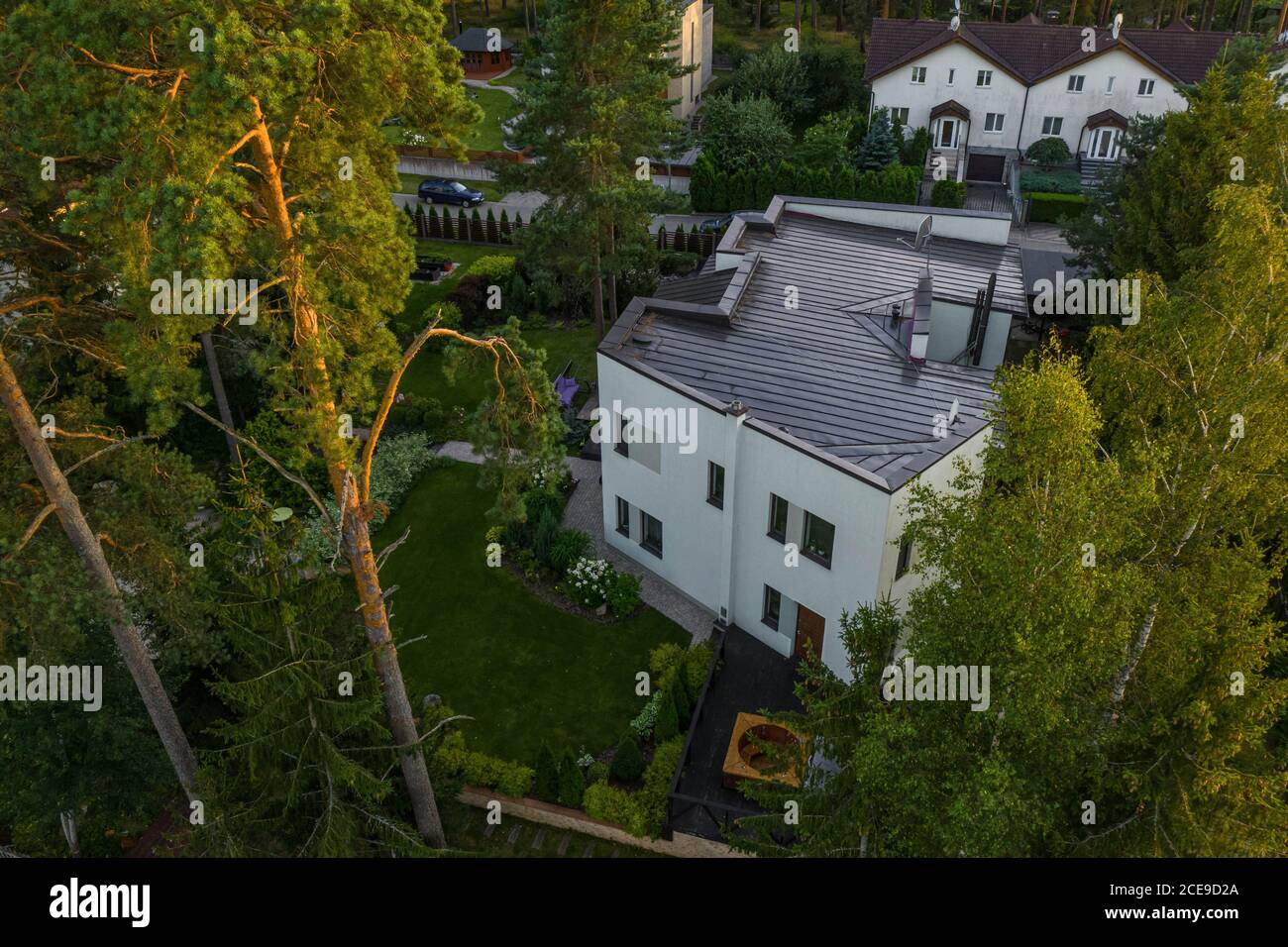 View from above of luxury private house. Modern exterior of cottage ...