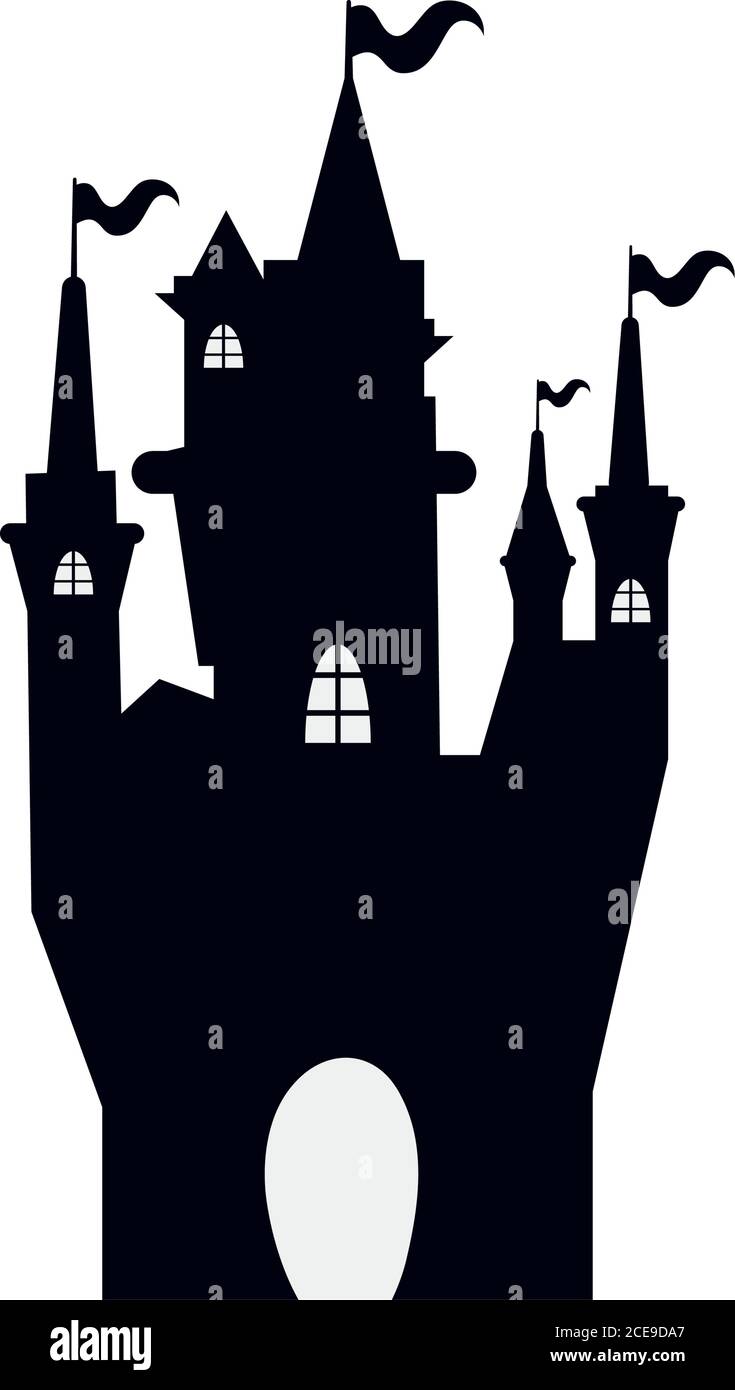 halloween haunted dark castle with flags silhouette style vector ...