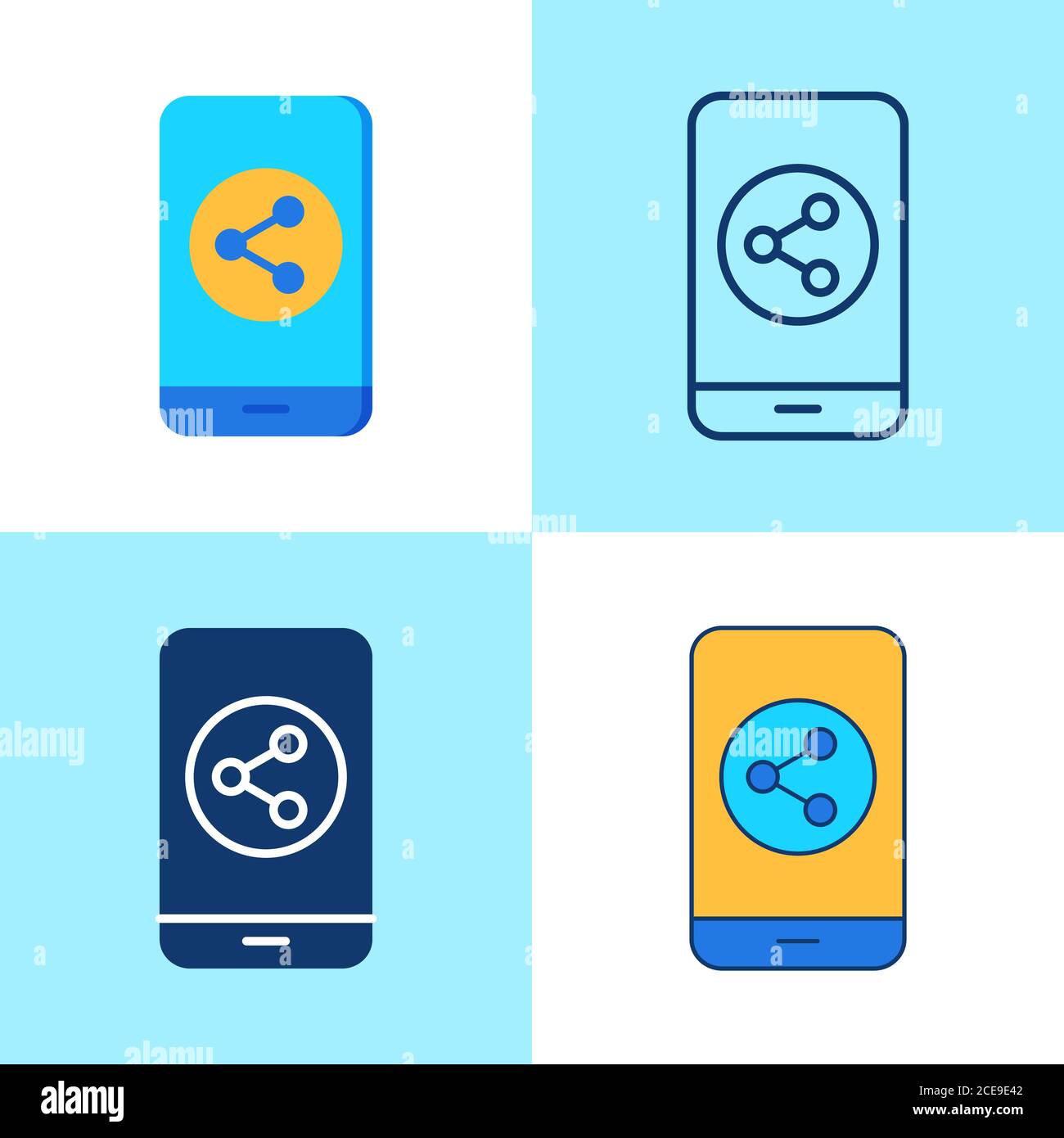 Social media icon set in flat and line style. Mobile phone with share ...