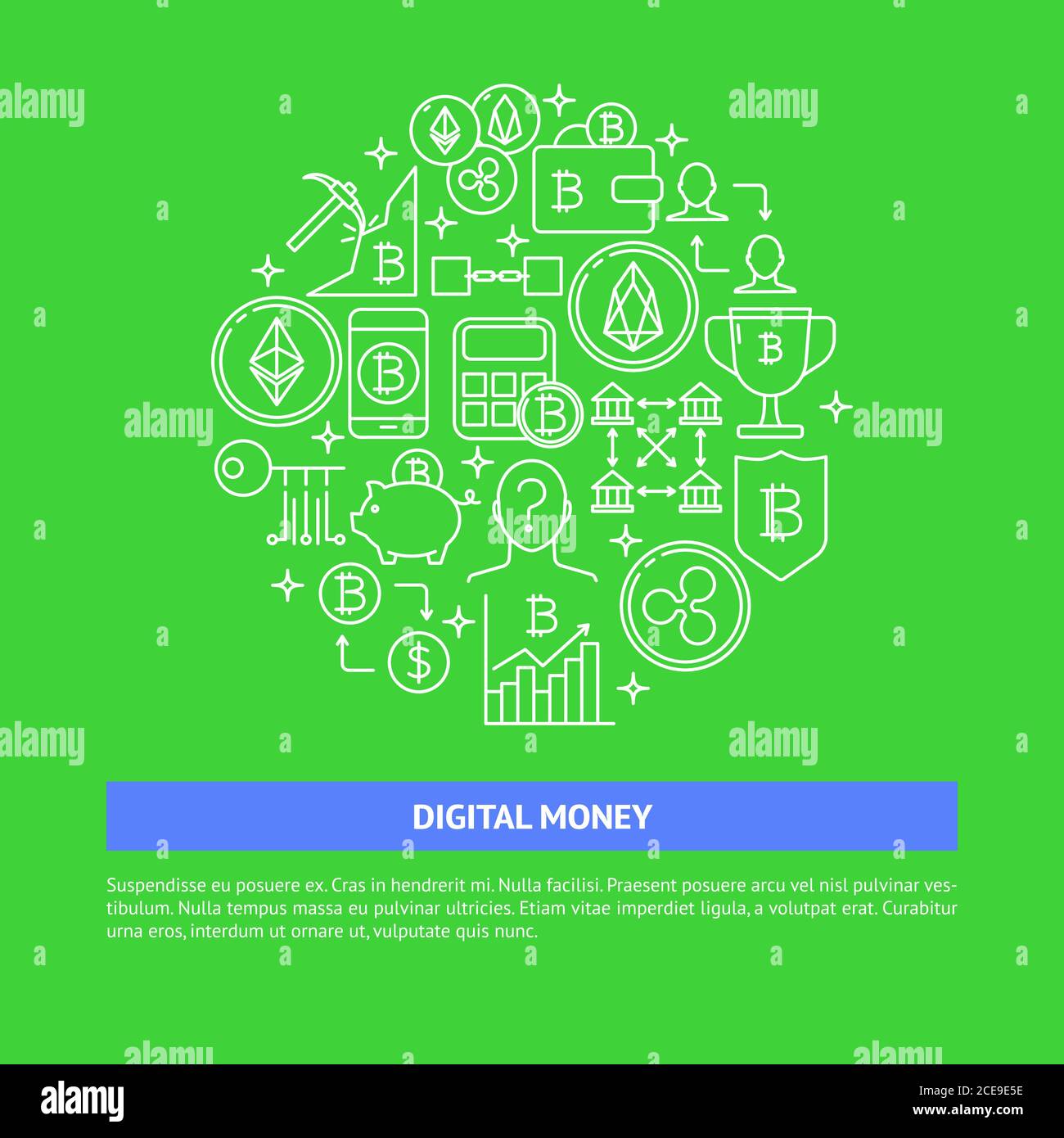 Digital money round concept banner with place for text. Alternative ...
