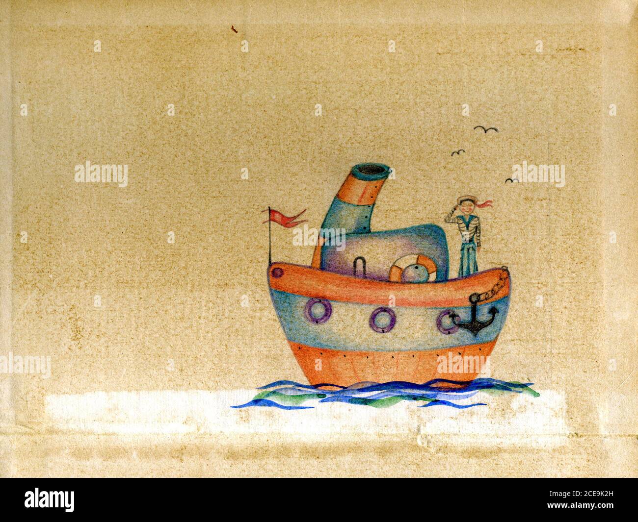drawing steamship on old paper Stock Photo - Alamy
