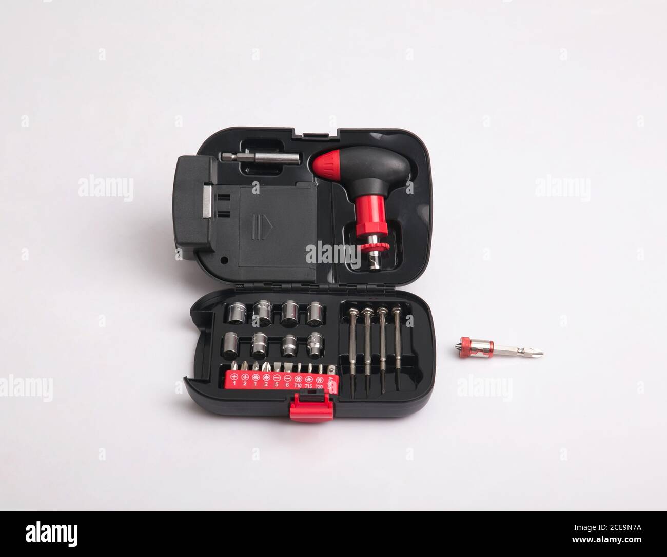 Box of manual screwdriver with heads set and accessory isolated on ...