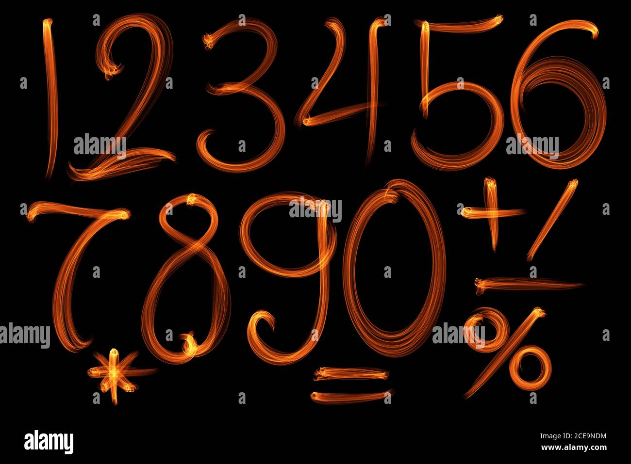The fire numbers set collection alphabet on black background Stock ...